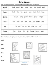 Sight Words Worksheet - good, look, jump, find, in, funny - The ...
